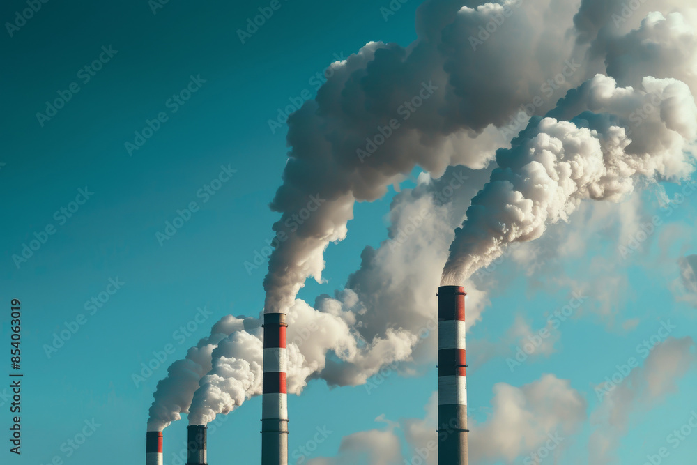 Industrial chimneys expelling smoke into a clear sky, representing ...