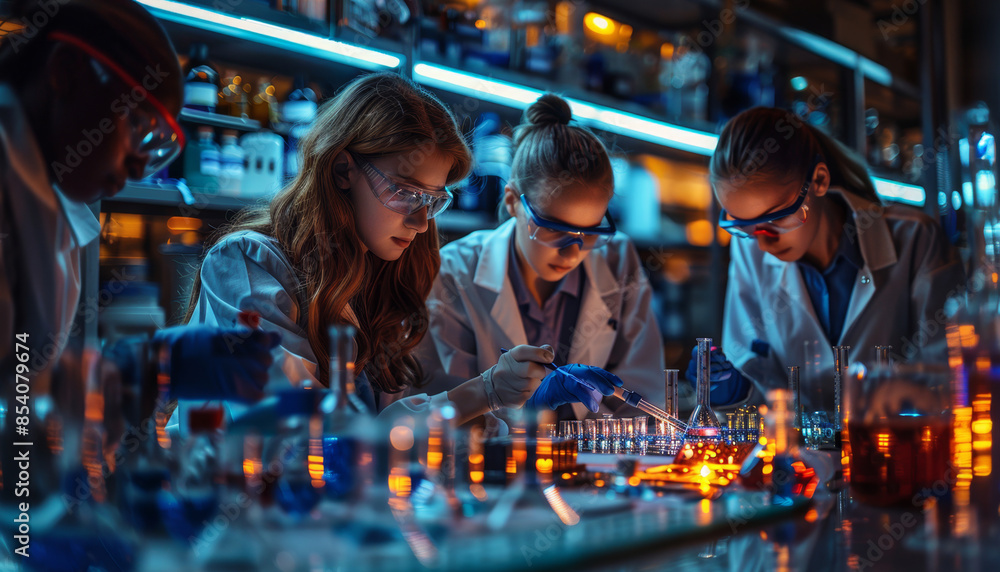 Four scientists wearing lab coats and safety glasses are working with ...