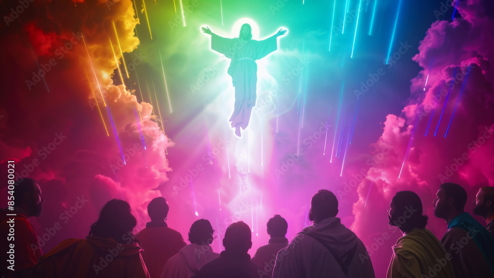 Create a realistic photo of Jesus ascending into heaven, with His ...