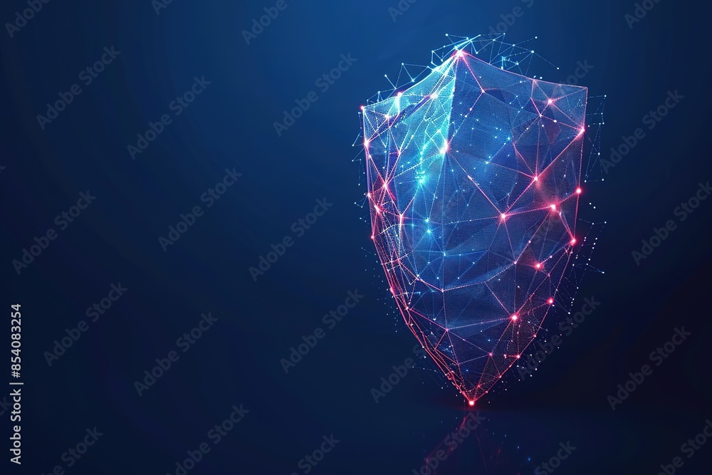Guard shield. Cyber security concept with glowing low poly shield on bright blue background ...