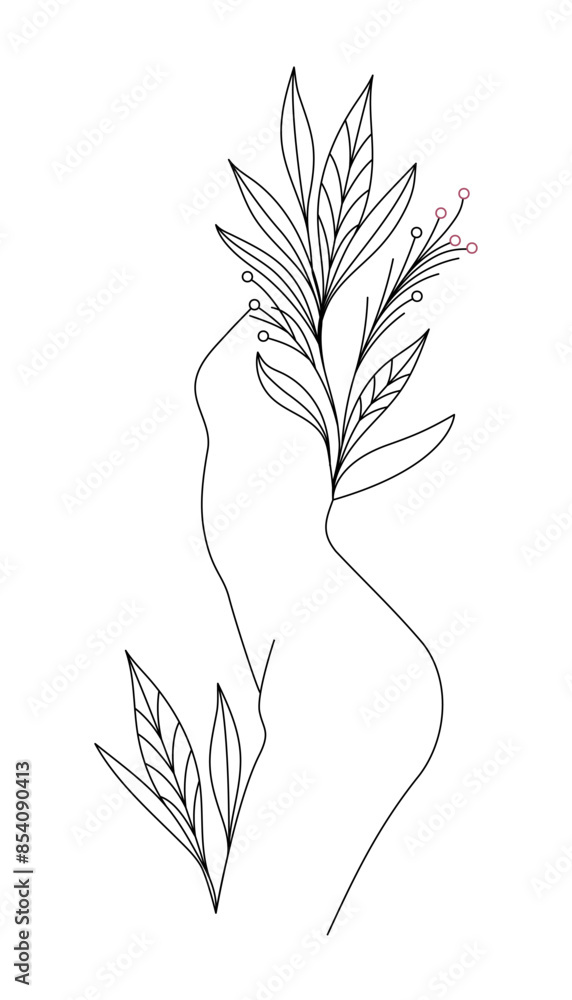 Elegant Female Body line art decorated with florals, Editable lines ...