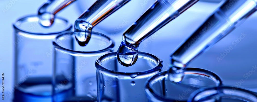 A close-up shot of droppers dispensing clear liquid into test tubes ...