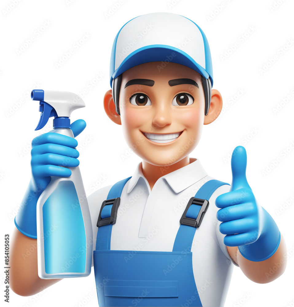 Cartoon smiling male cleaner holding a spray bottle and giving a thumbs ...