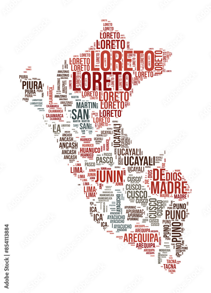 Peru Word Cloud. Country shape with region division. Peru typography ...