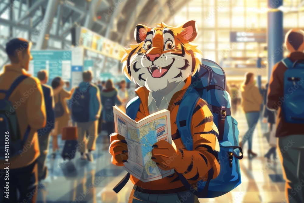 a smiling tiger dressed as a tour guide walks through a bustling ...