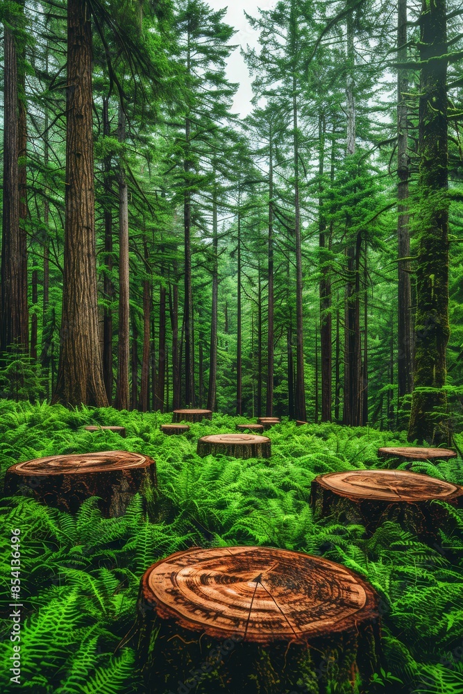 Forest scene with tree stumps and lush green growth, highlighting the ...