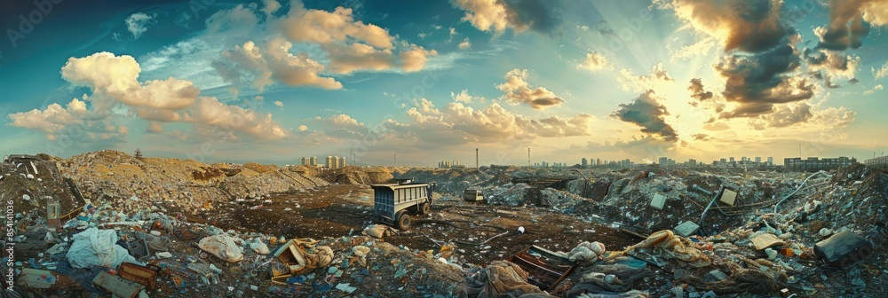 Mountains of garbage dominate a sprawling city dump, showcasing the ...