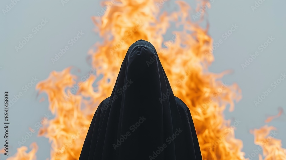 Hooded priest in dark attire walking away on a stark white background ...