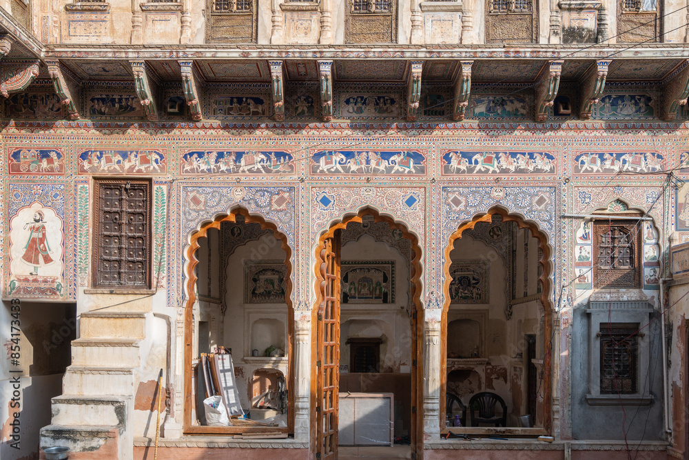 Vibrant wall painting of Rajasthani havelis in traditional Indian style ...