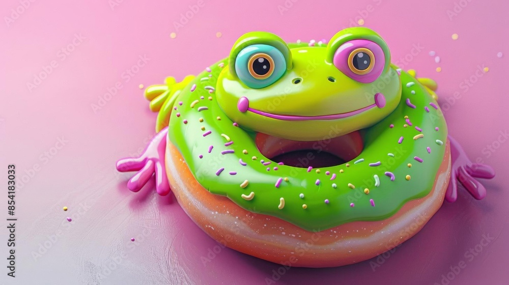 2D illustration of a happy donut in the shape of a smiling frog, bright ...