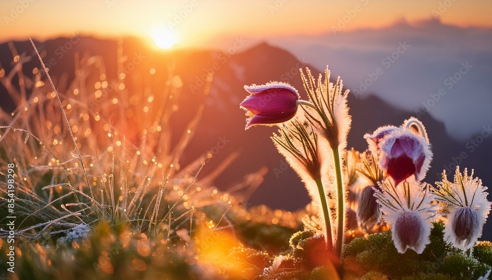 nature, Pulsatilla vulgare in the morning light, with tiny drops of dew ...