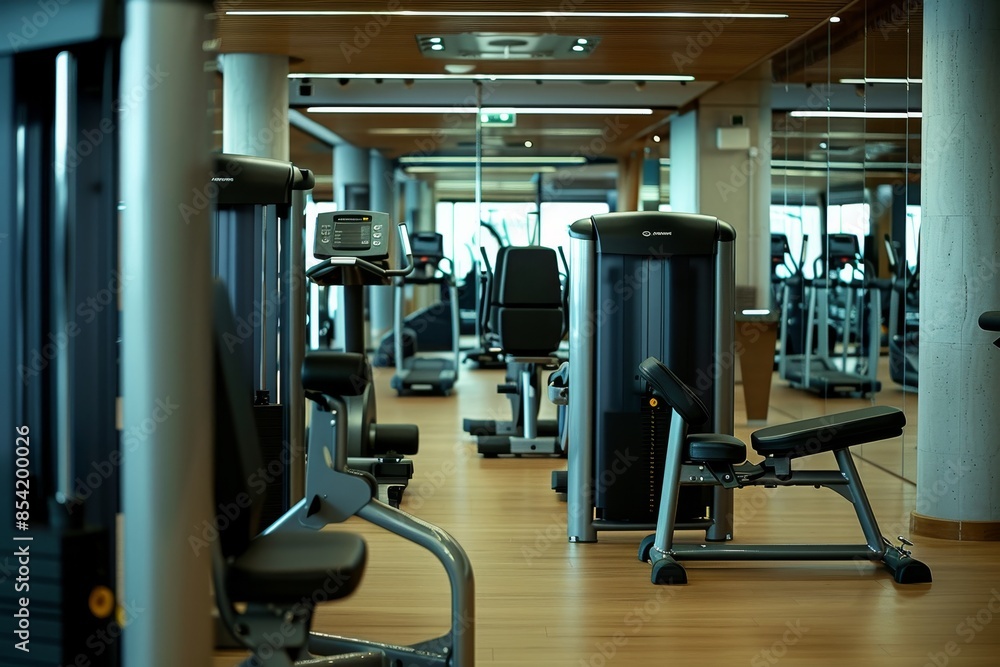 Well equipped fitness center interior with bodybuilding machines in ...