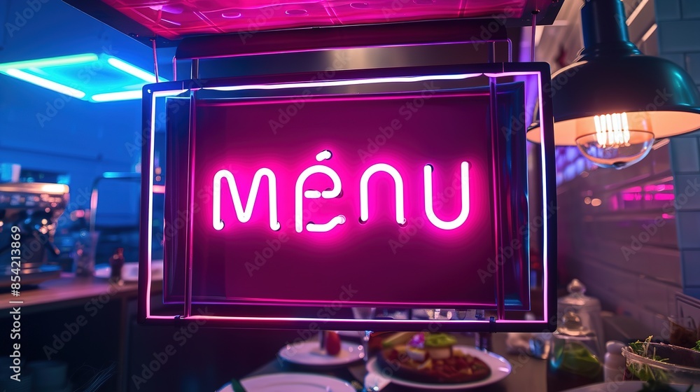 neon menu sign in vibrant pink and blue colors against a dark ...