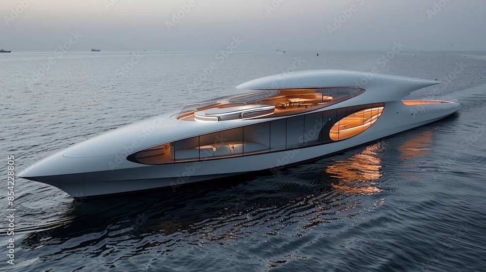 Depict a sleek futuristic ferry gliding across the waters surface, its ...