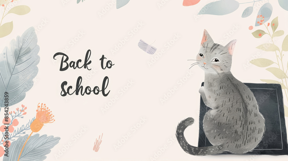 Tabby cat sitting next to blackboard. Back to school text. Education ...
