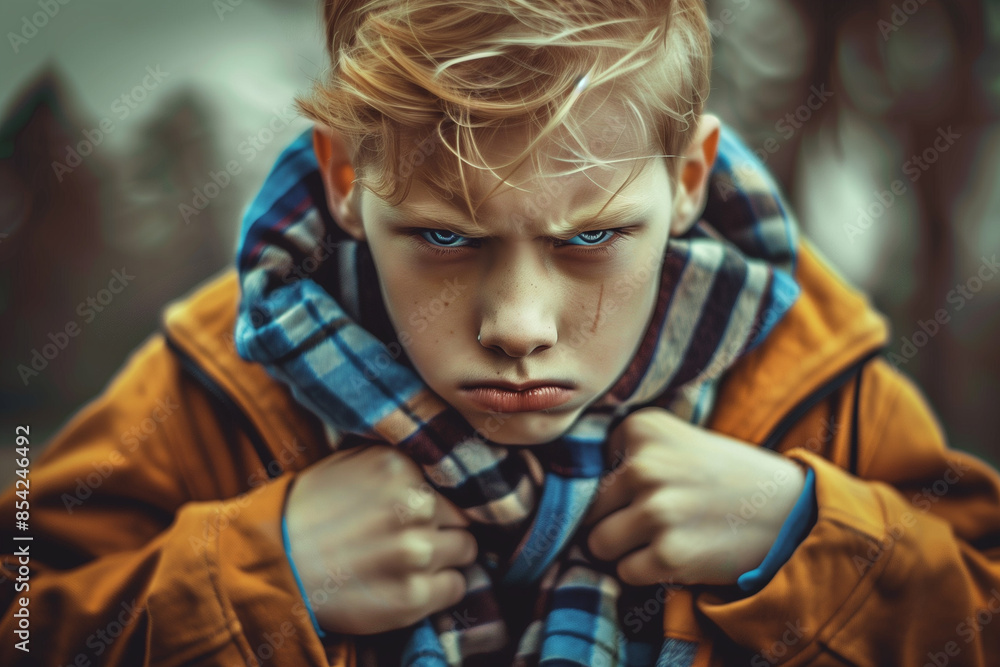 a young boy who appears to be very angry. His eyebrows are furrowed ...