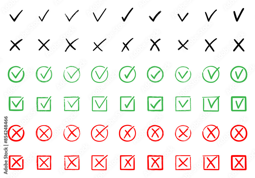 Check marks doodle set. Checkbox, checklist, tick and cross signs, v ...