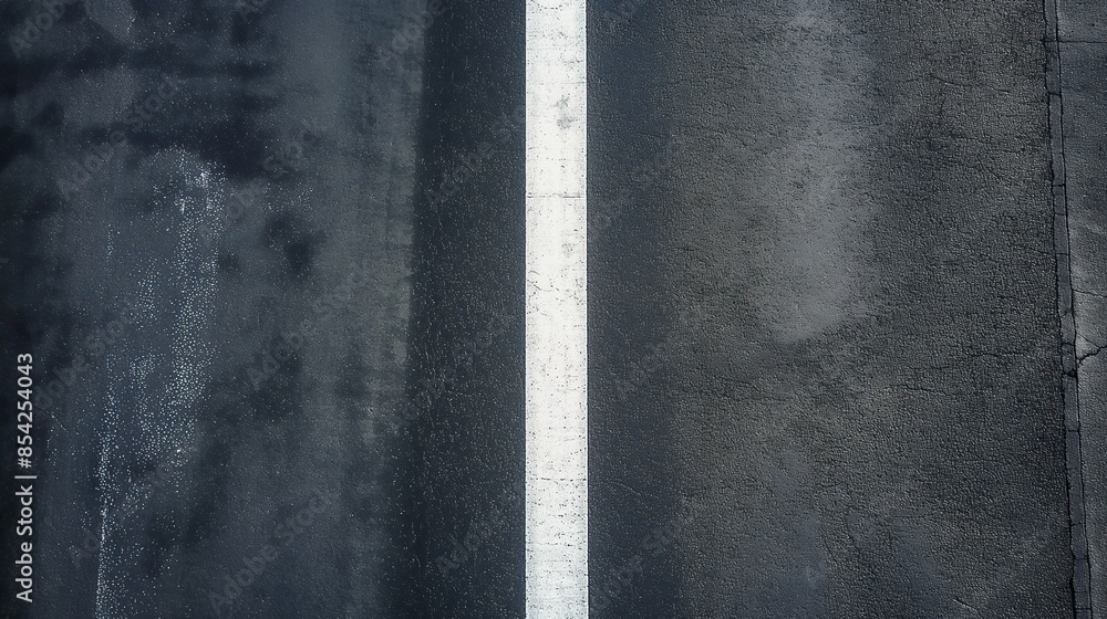 top view of black asphalt with one single white paint mark texture ...