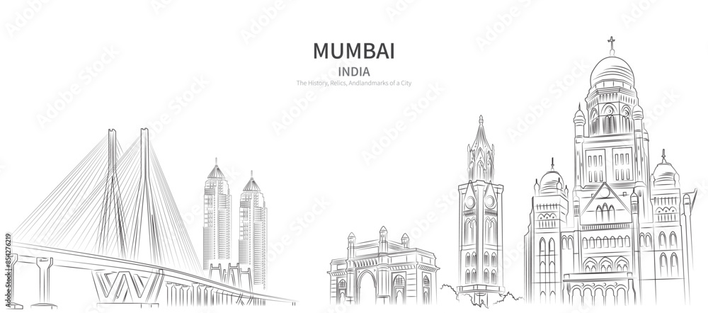 Mumbai cityscape line drawing vector. sketch style Mumbai, India ...