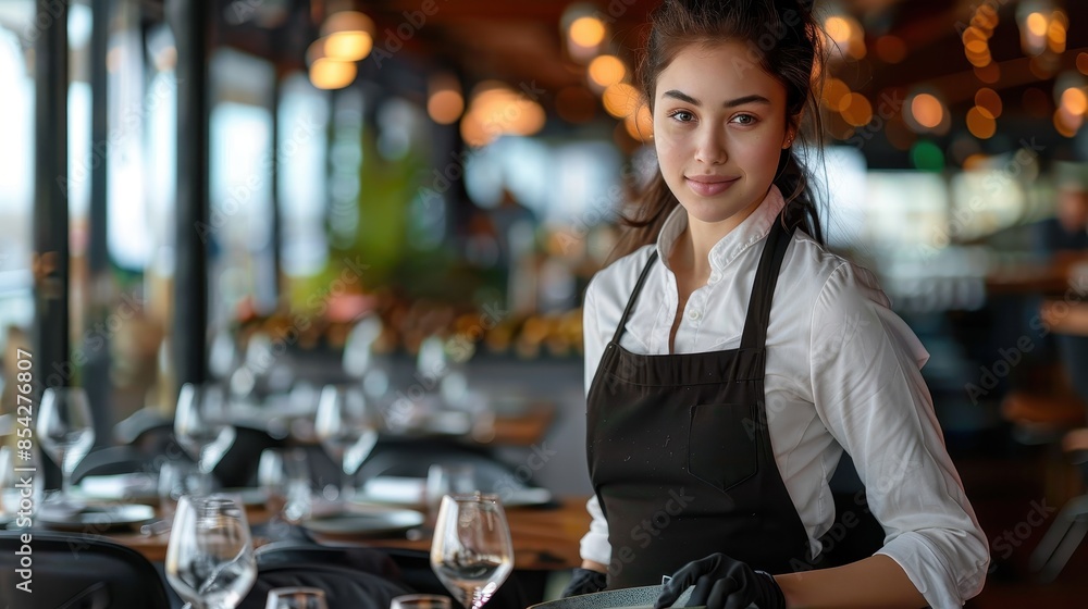 A well-presented waitress stands ready to attend to guests in an ...