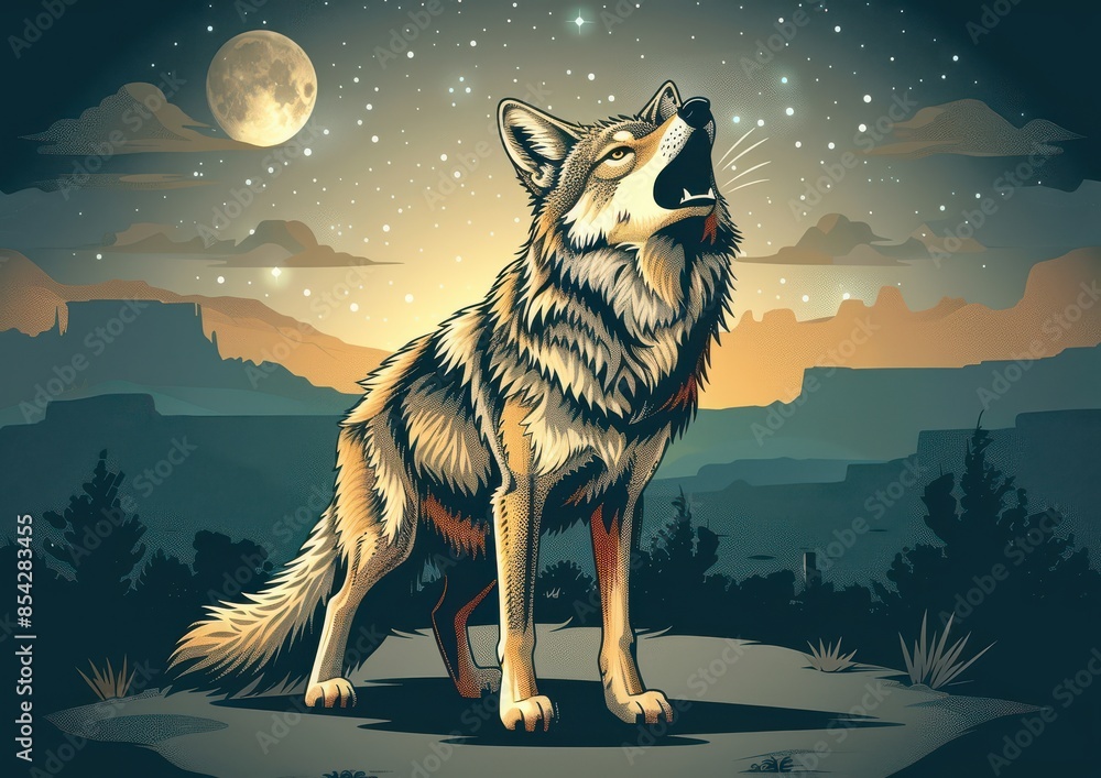 Majestic Wolf Howling at Full Moon with Desert Landscape and Starry Night Sky in Stunning Art ...