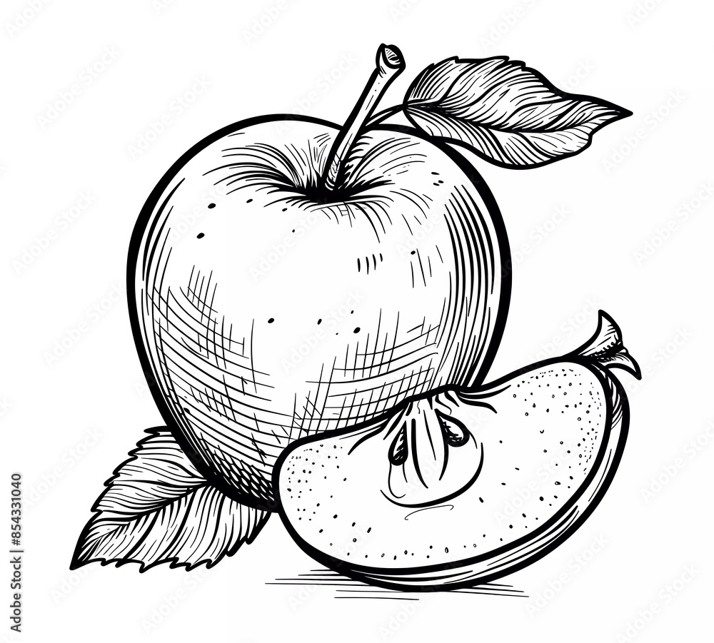 black and white vector line drawing of apple, one apple cut in half ...