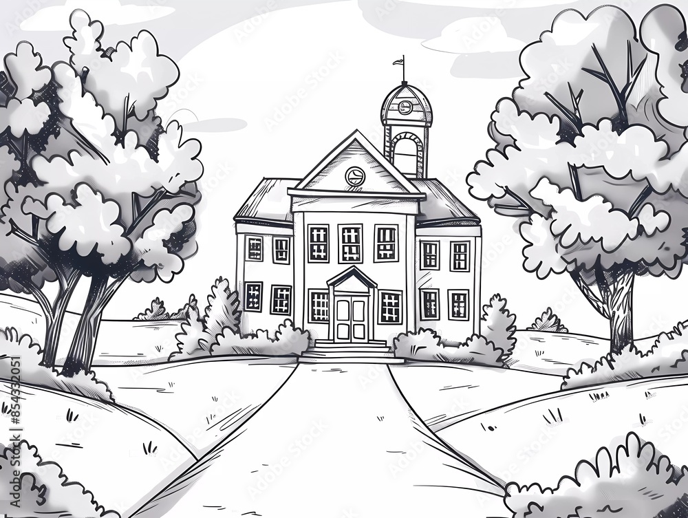 school building graphic black and white vector illustration hand drawn ...