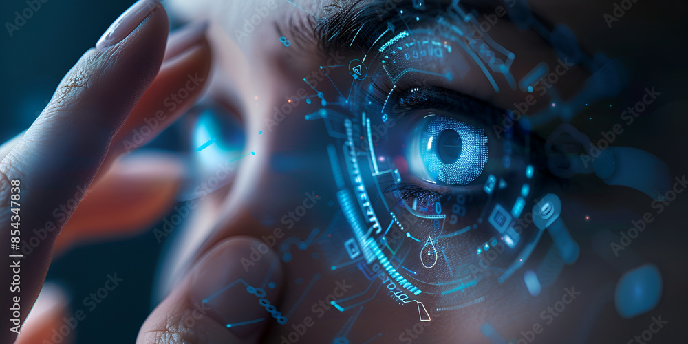 High-resolution close-up of a human eye with integrated cybernetic ...