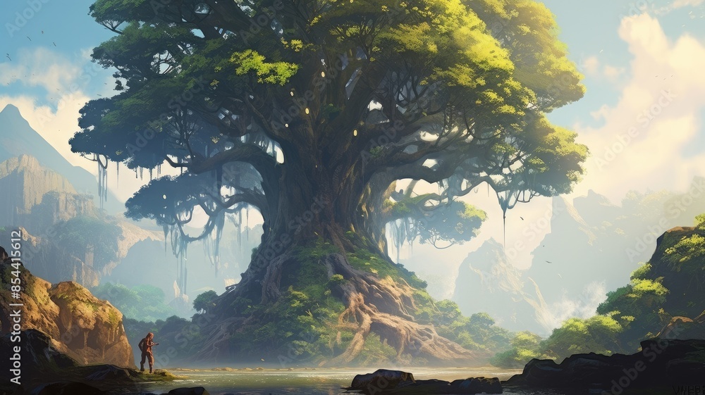Digital art of fantasy landscape with giant tree and figure by the ...