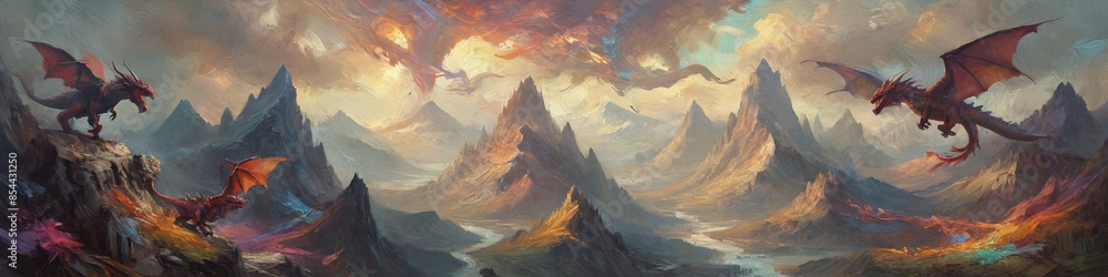 Dragons soar over fantastical mountains in thick, layered oil strokes ...
