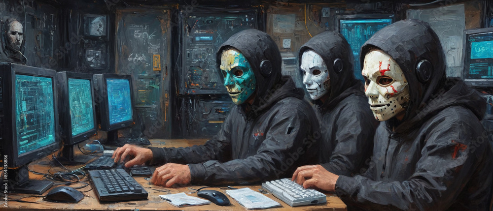 An oil painting on canvas depicting computer hackers in mask destroying ...