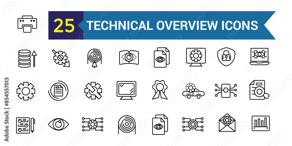 Technical overview icons set outline vector. Camera specification. Dual memory. Outline icon ...