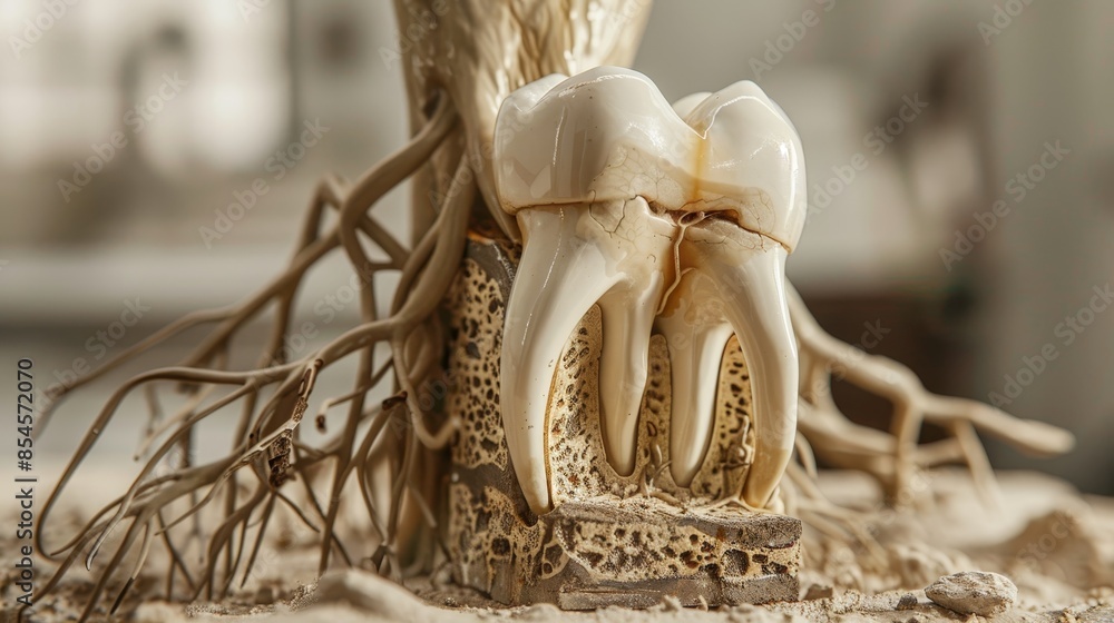 Model of a tooth with root inflammation, detailed depiction, tree roots ...