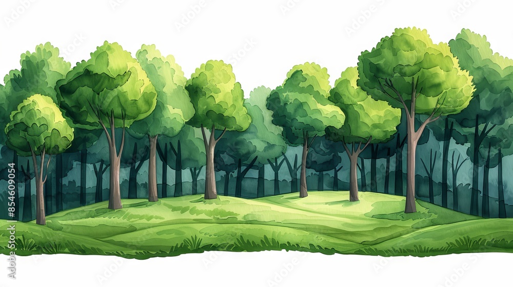 Beautiful illustration of a lush, green forest on a sunny day with vibrant trees and grass ...