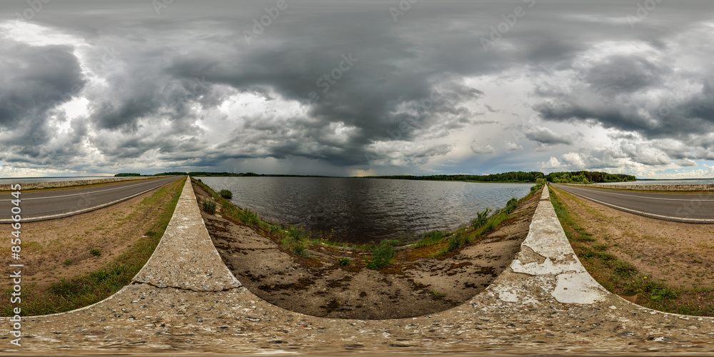 360 seamless hdri panorama view near lake before storm with overcast ...