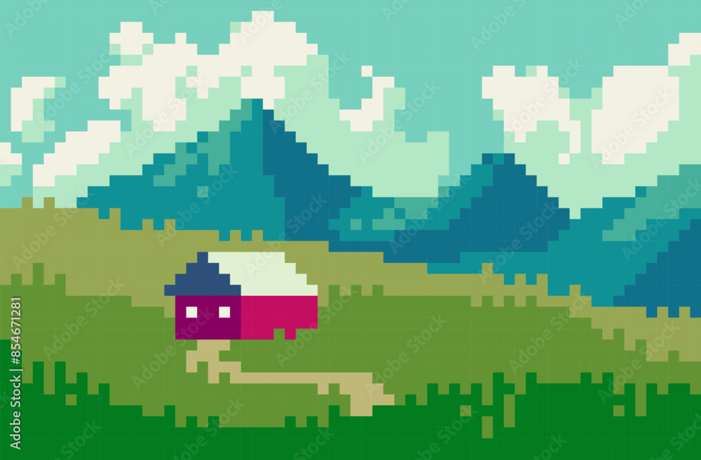 Mountain house landscape pixel art background. 8 bit valley with ...
