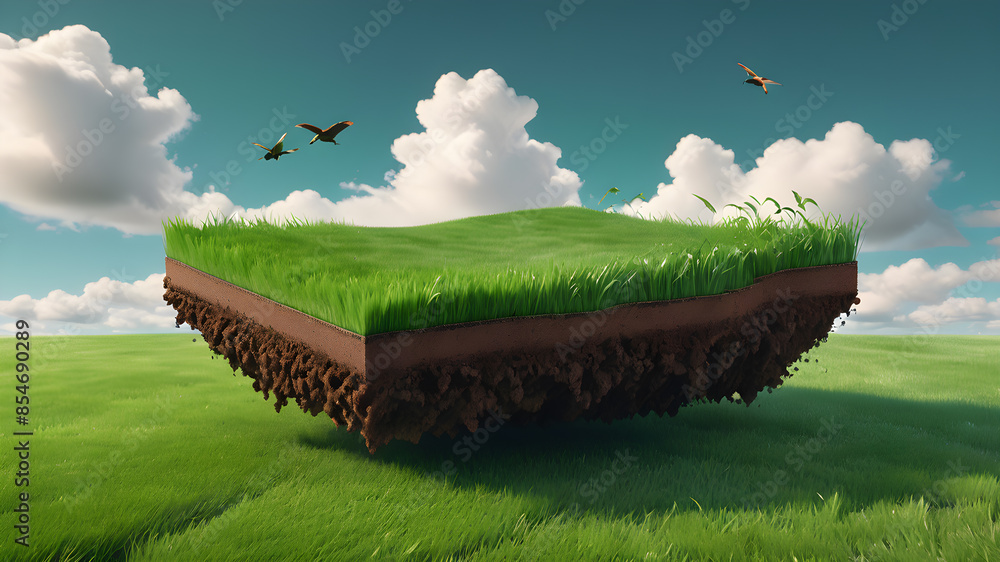Floating slice of land with green grass surface and soil section ...