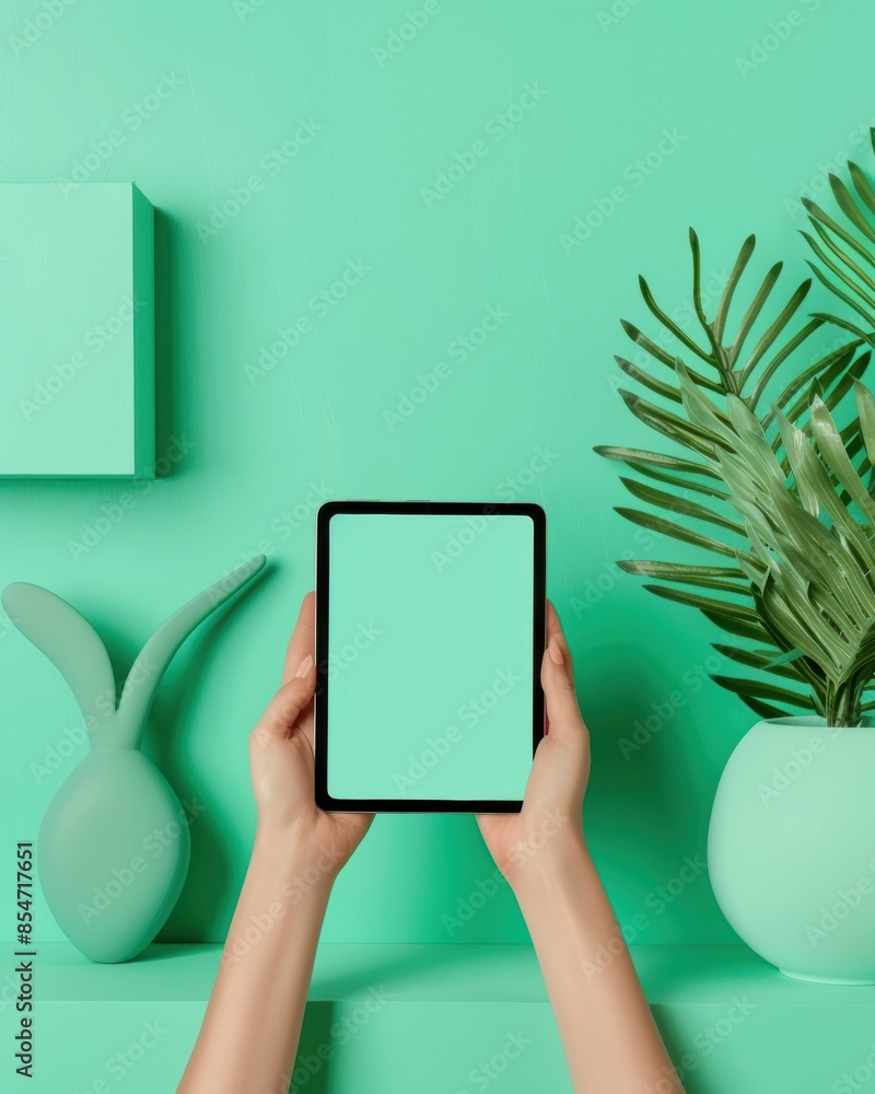 hand holding tablet with unique vertical blank green screen mock-up ...