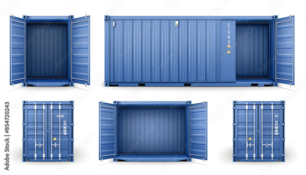 set of open and closed blue metal cargo containers, shown from front ...