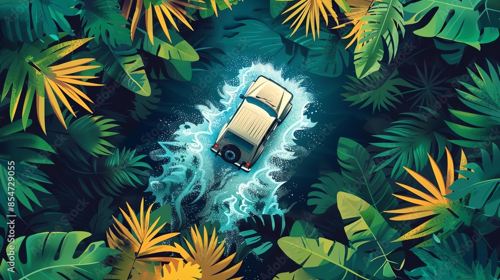 Exciting jungle safari, flat design, top view, wild expedition, water ...