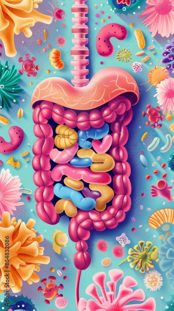 Illustration of human digestive system with colorful gut flora and ...
