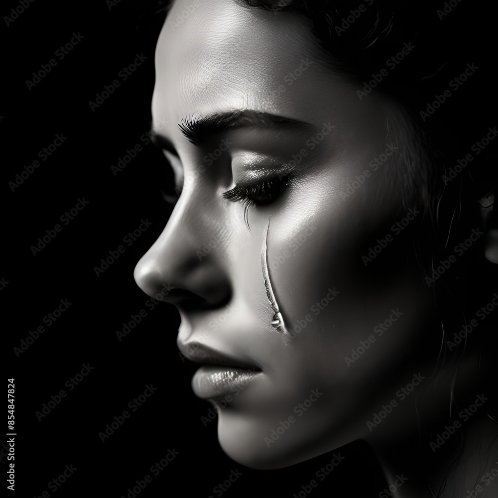 black and white side view portrait of a person with a single tear ...
