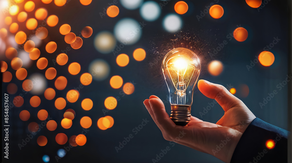 Operational concept. Businessman holding light bulb with operation icon ...