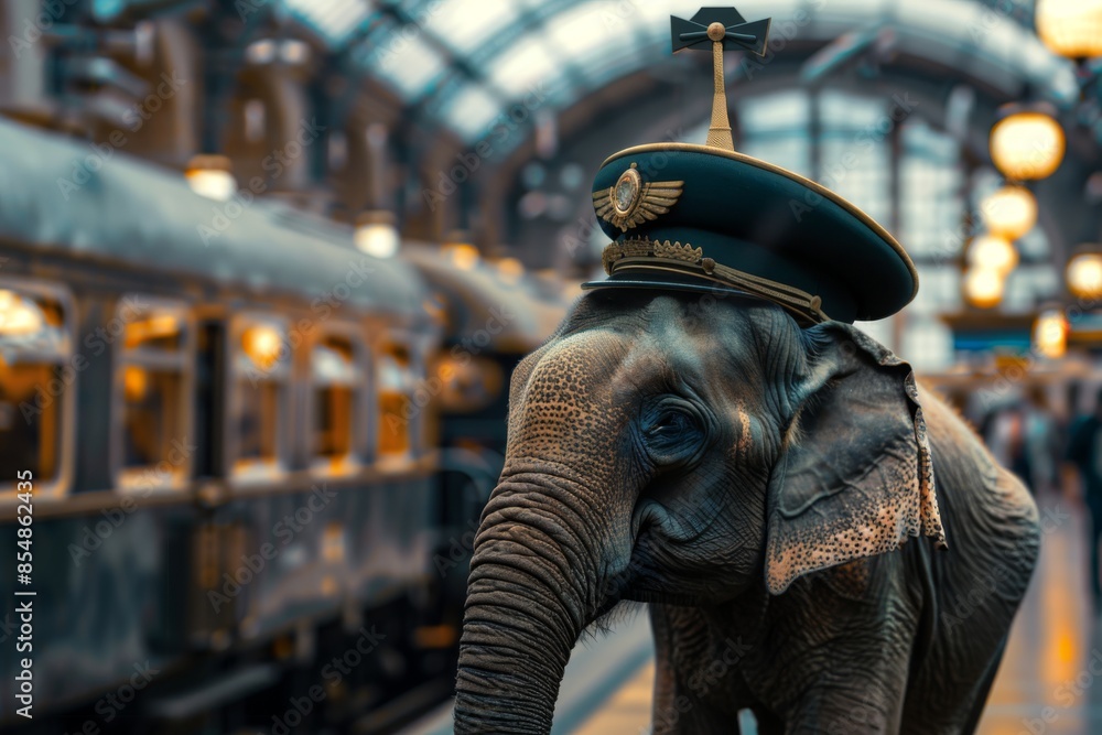 A cheerful elephant wearing a captain's hat, exploring a bustling ...