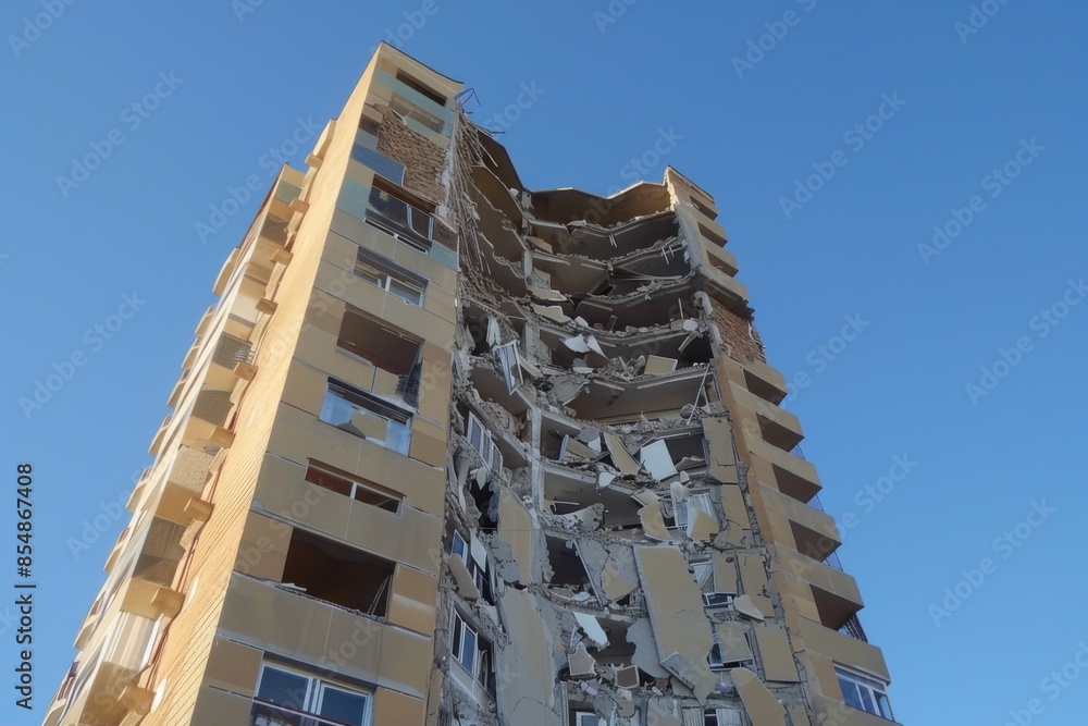 A high-rise building with extensive damage after an earthquake, showing ...