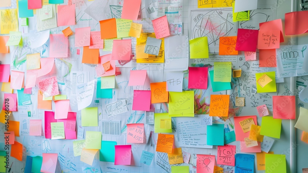 Whiteboard filled with colorful sticky notes containing handwritten ...