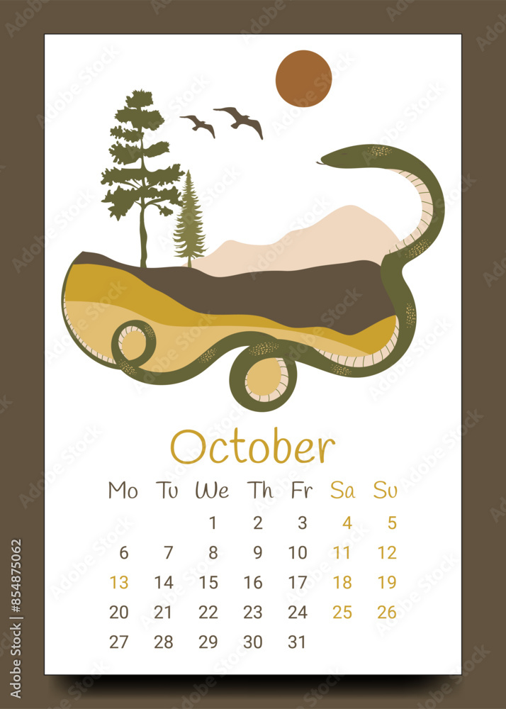 Desktop calendar for October 2025. A monthly calendar with a snake. The ...