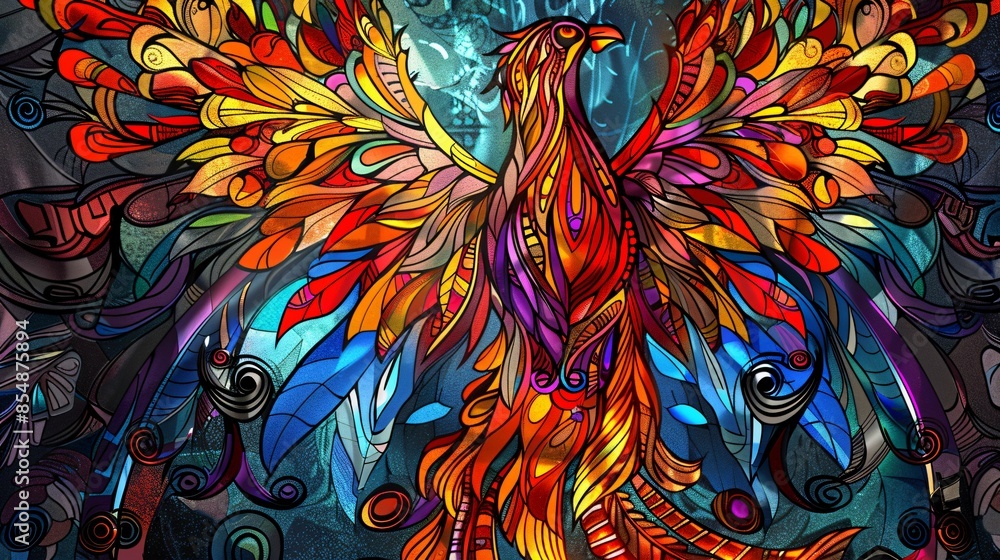 A stained glass-inspired digital art piece featuring a majestic phoenix ...