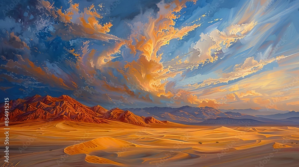 Desert landscape with sweeping sand dunes and a dramatic, cloud-filled ...