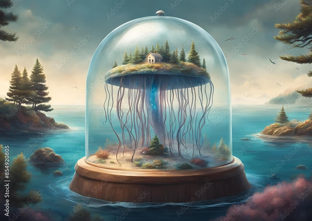 Inside the bell, you can see the sea, a shark swimming below, and on ...